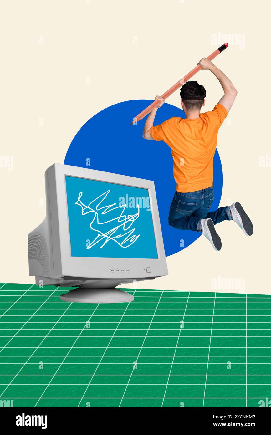 Creative abstract template collage of funny man tv monitor jump hold ...