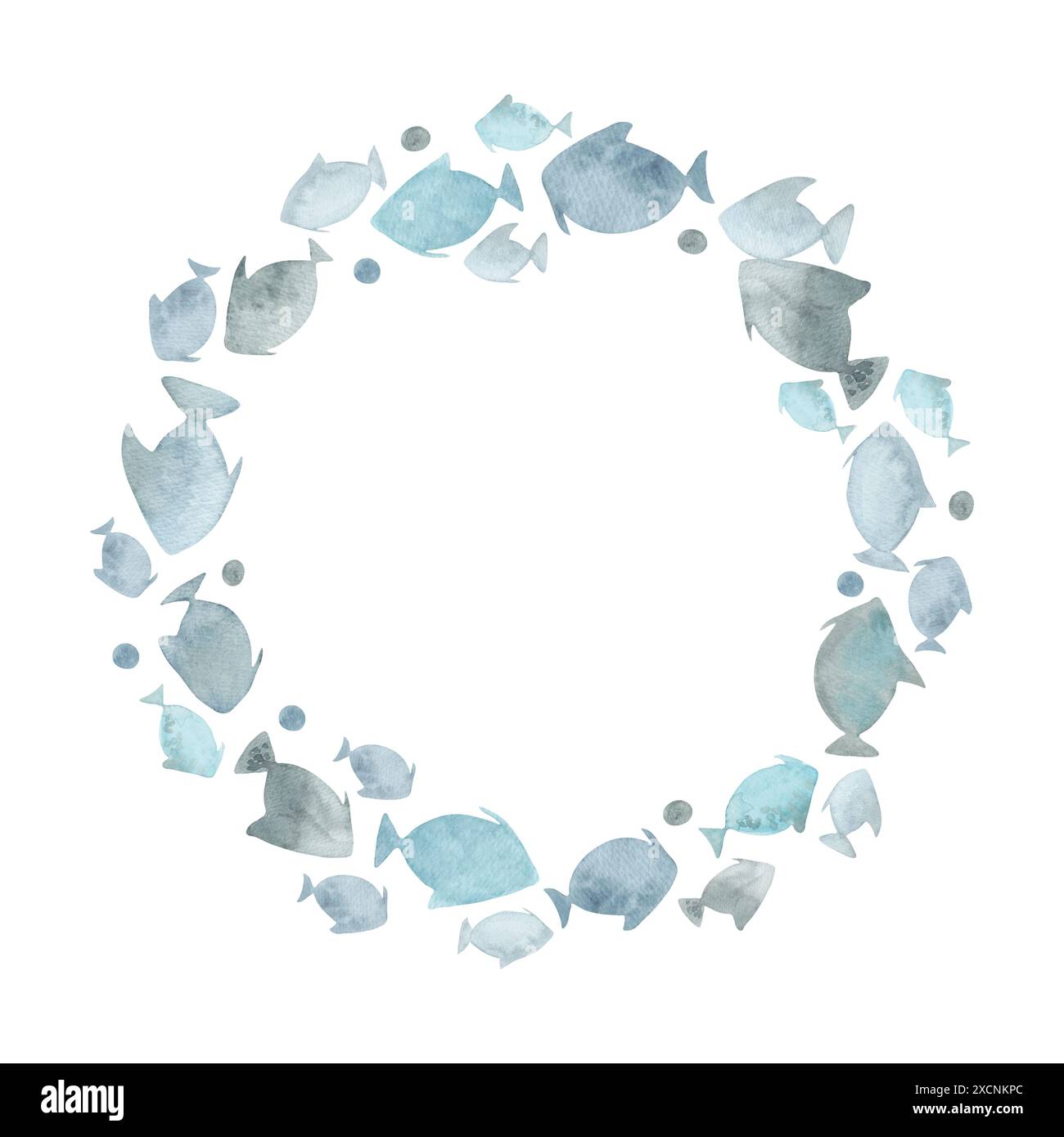 Round frame with a school of fish. Simple stylized watercolor ...