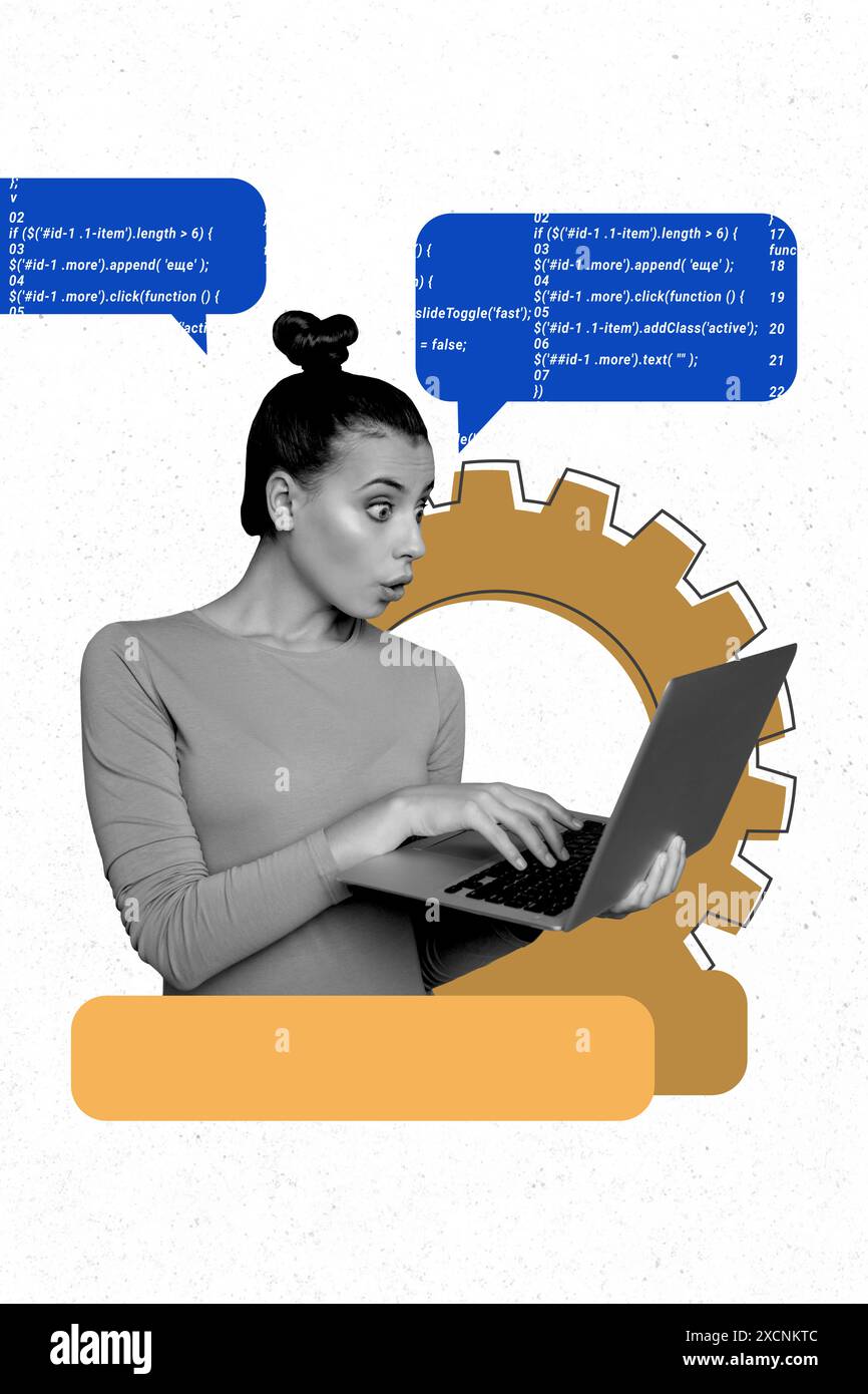Vertical picture collage amazed young girl programmer type code laptop ...