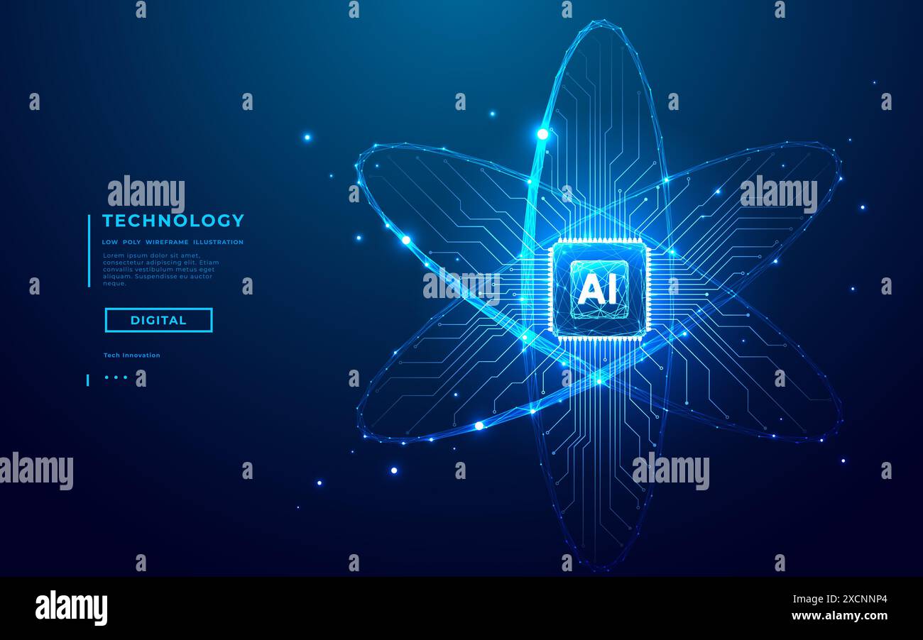 Ai chip and abstract digital atom icon on technology background Stock ...