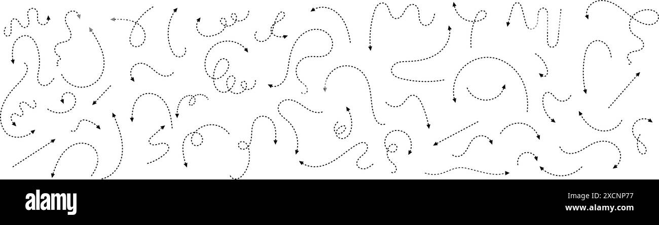 Set of hand drawn thin dash line arrows. Collection of curved pointers ...