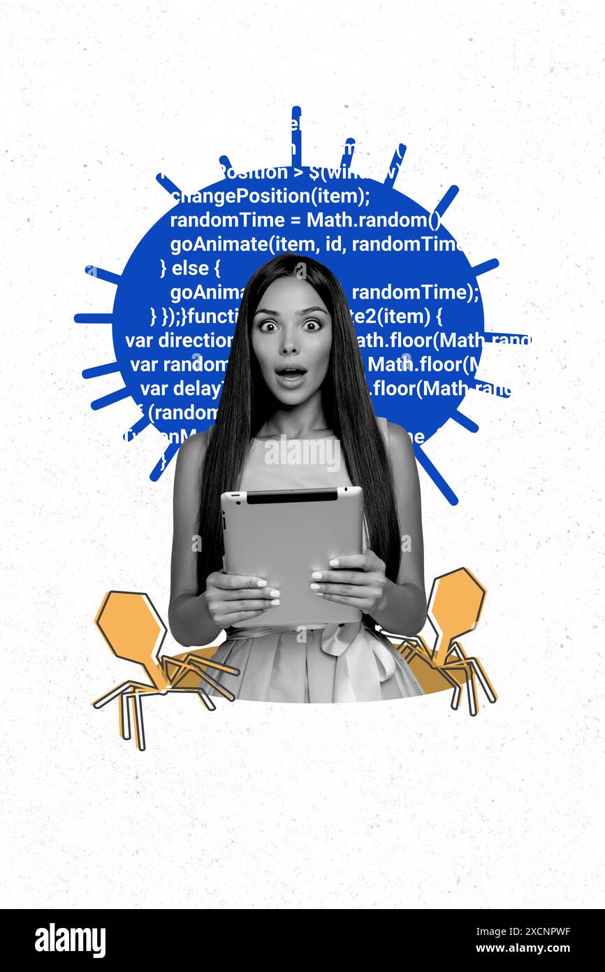 Vertical collage image young shocked amazed woman computer virus bugs insects danger malware ...