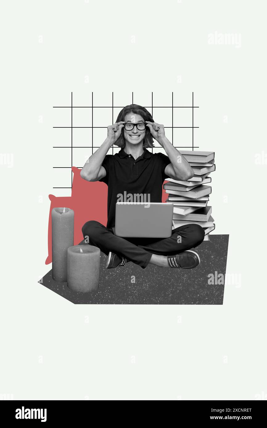 Vertical creative collage picture young cheerful man programmer student ...