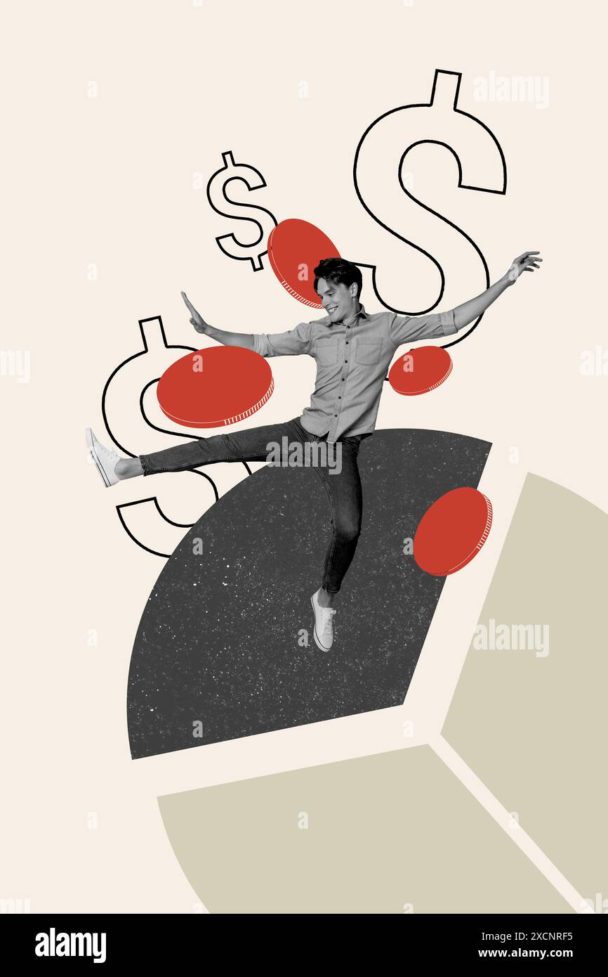 Vertical picture collage young joyful man jumping dollars economy ...