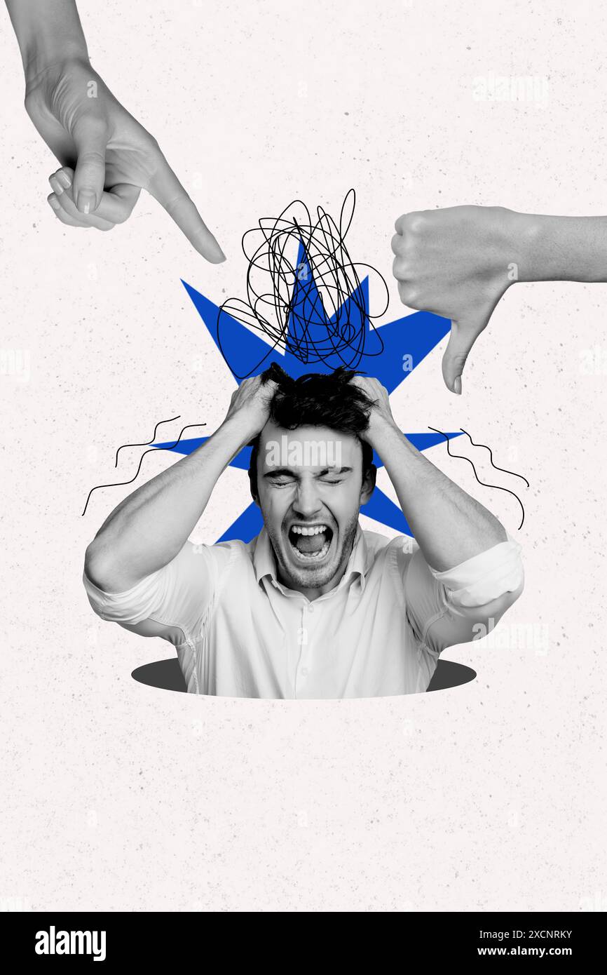 Creative trend collage of scared man thumb down gesture bullying hate ...
