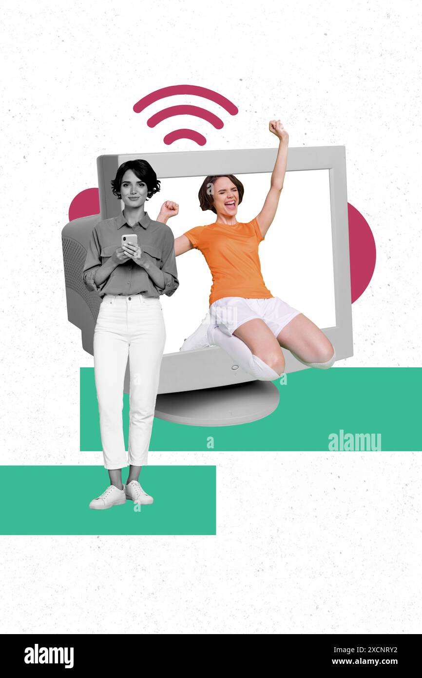 Creative trend collage of young female device wifi internet social ...