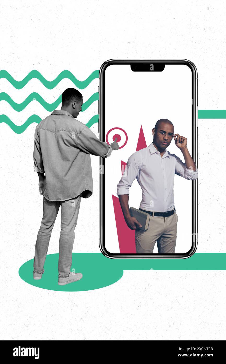 Creative trend collage of young male device screen social media fake ...