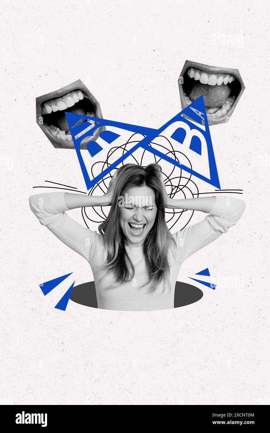 Creative trend collage of scared female scream mouth bullying hate ...