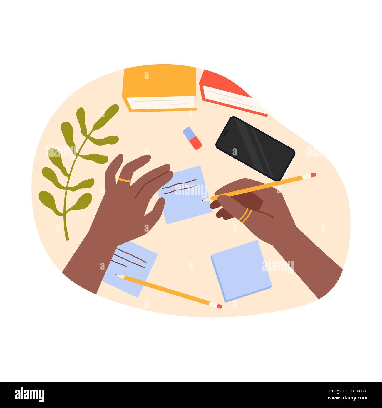 Hands of person holding pencil to write memo notes on paper adhesive ...