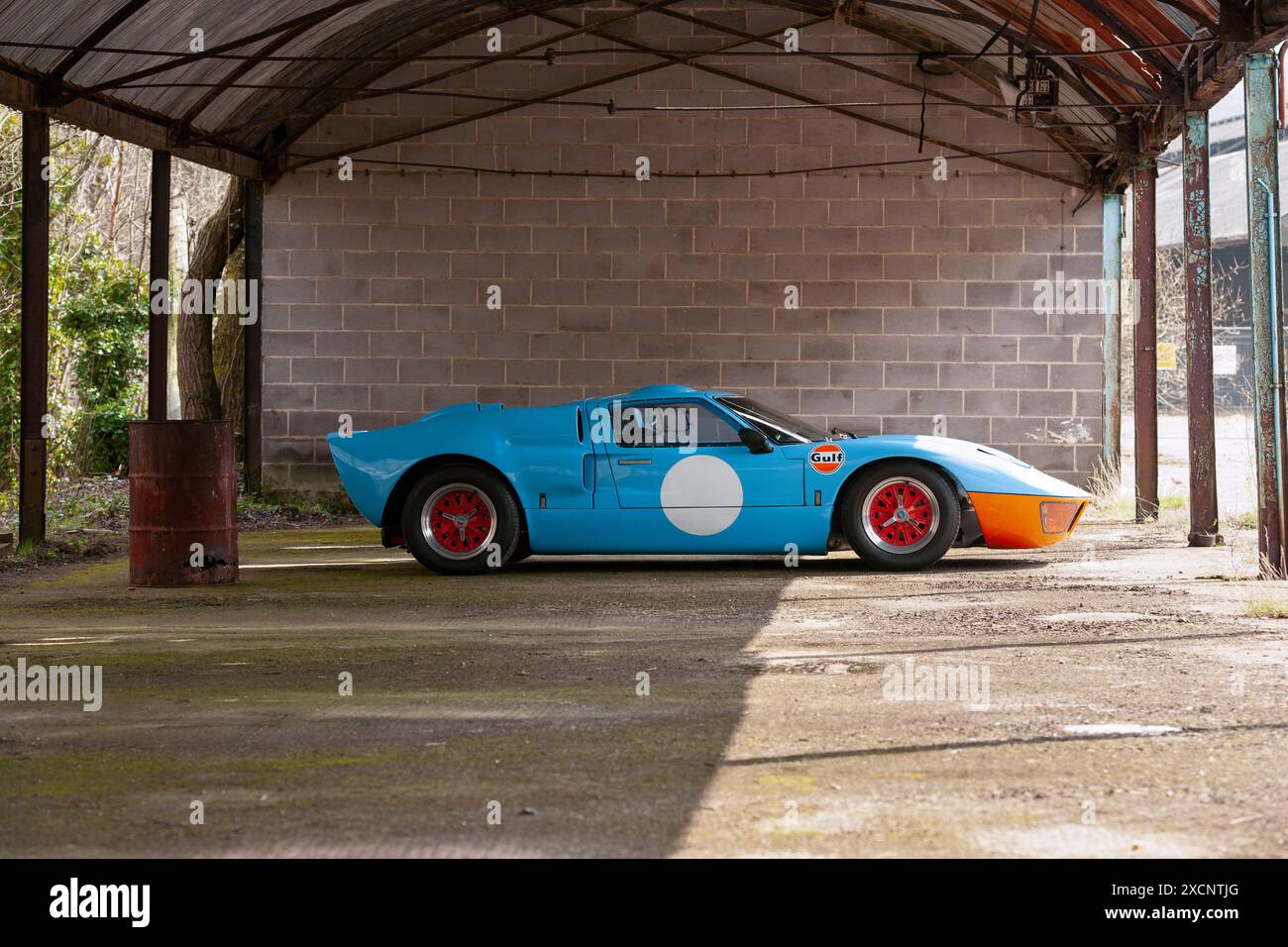Ford GT MkII in Gulf Racing livery parked under a covered shed Stock ...