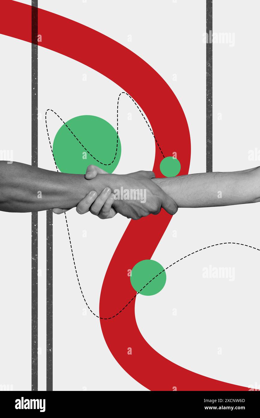 Vertical photo collage of hands shake gesture business people partners ...