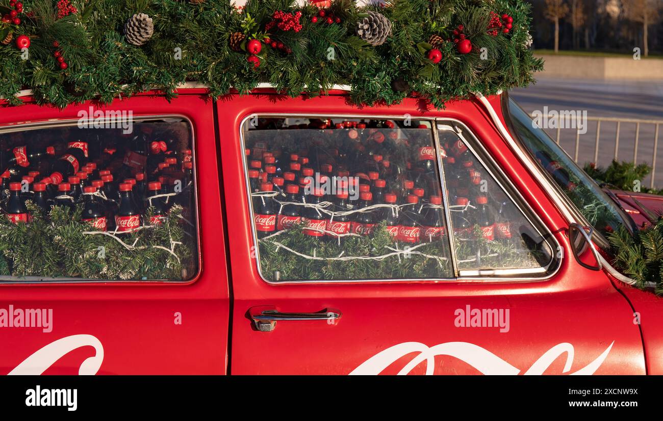 Baku. Azerbaijan. 12.16.2021. New Year's Soviet red Volga filled with ...
