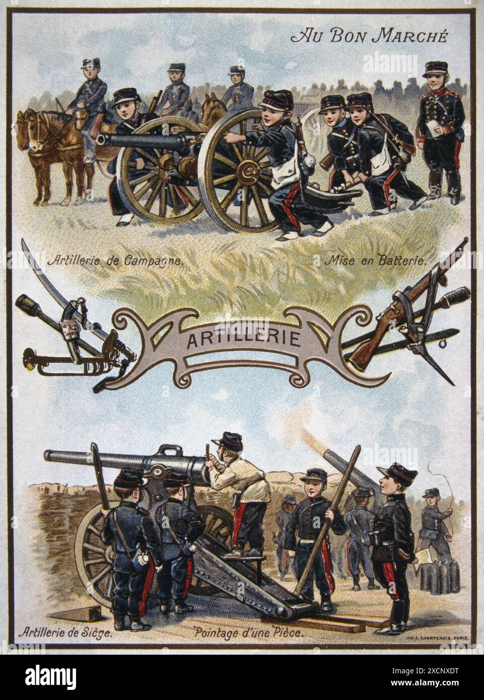 chromolithograph card showing French boy soldiers (cadets), in action ...