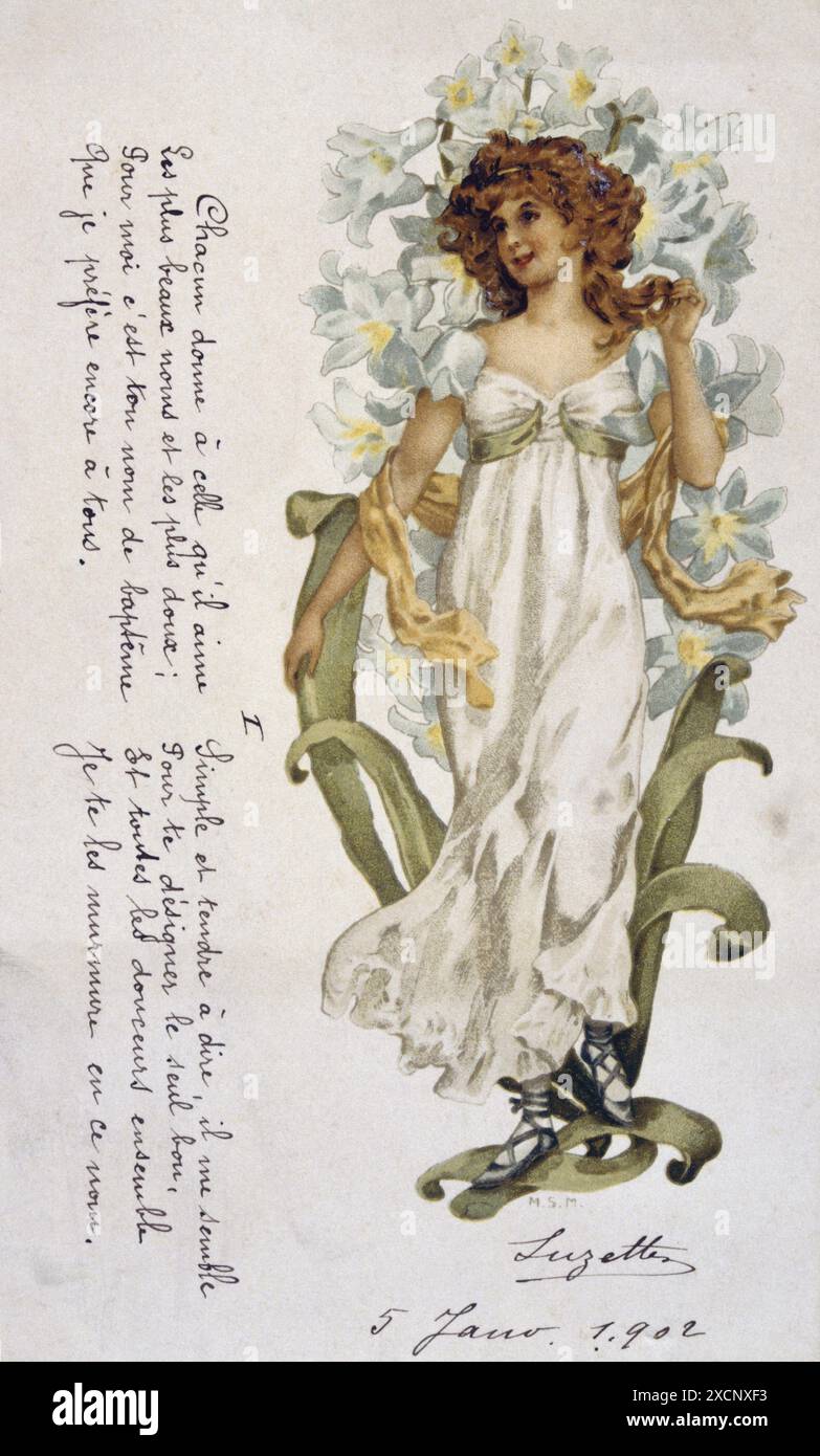 French art-deco, postcard depicting a young woman 1900 Stock Photo - Alamy