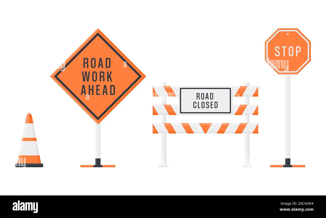 Collection of Road Closed Stop Signs. Vector Stop Traffic Sign. Warning ...