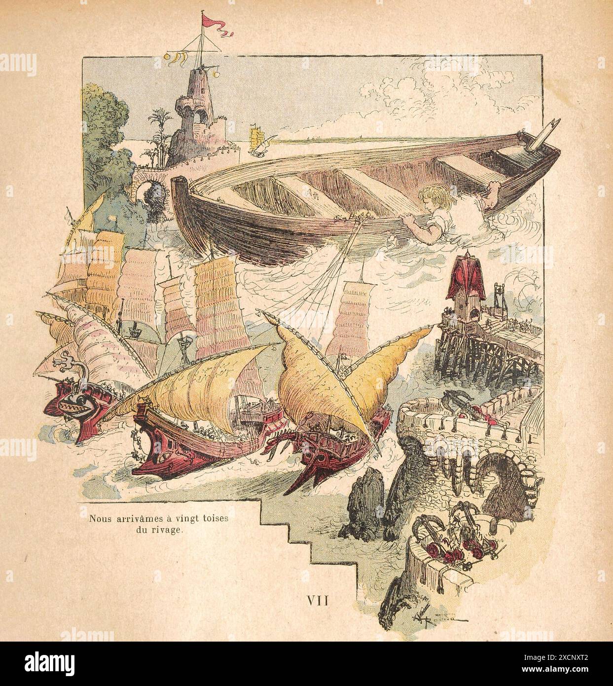 A Voyage to Lilliput. Gulliver arriving in the kingdom of Blefuscu ...