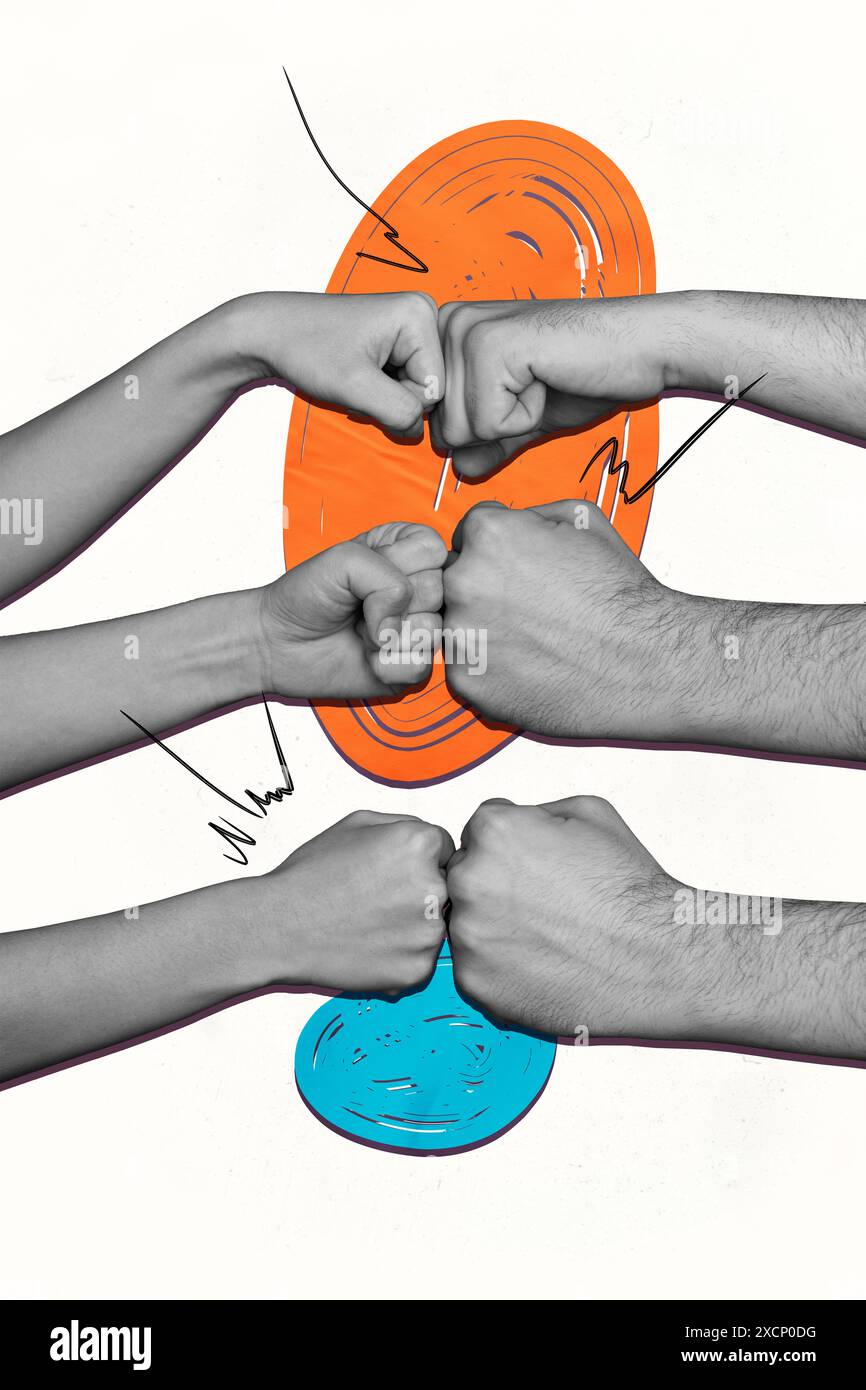 Vertical poster collage human hands body fragments hit fists gesture ...