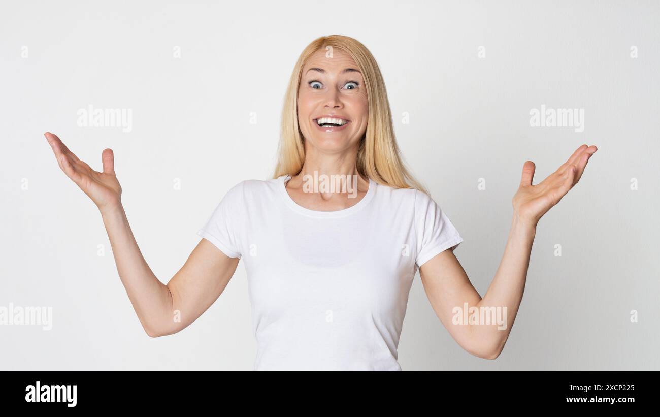 Excited Woman With Open Arms On White Background Stock Photo - Alamy