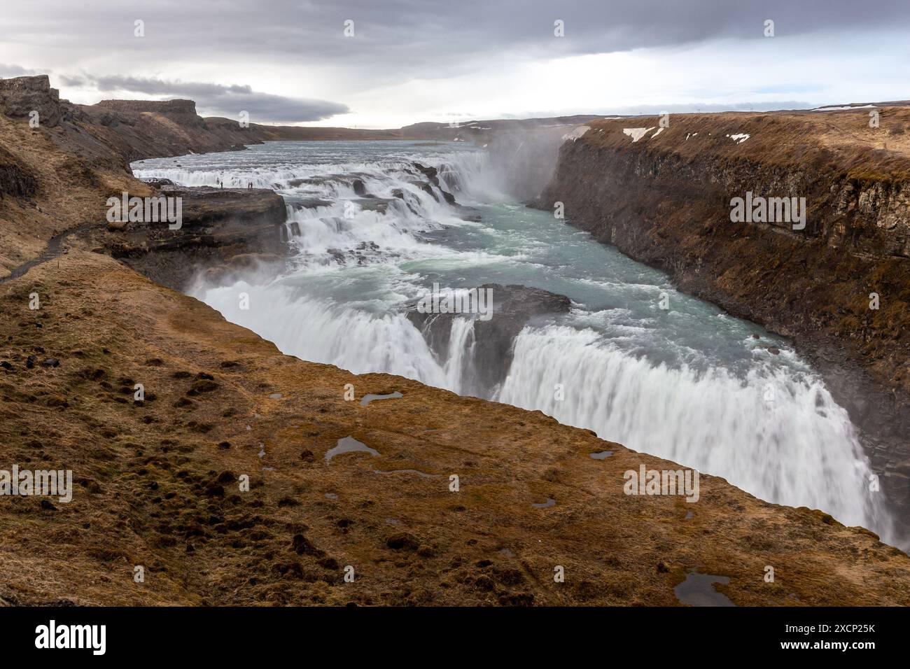 Gullfoss waterfall in Iceland, view of the cascades with water spray ...