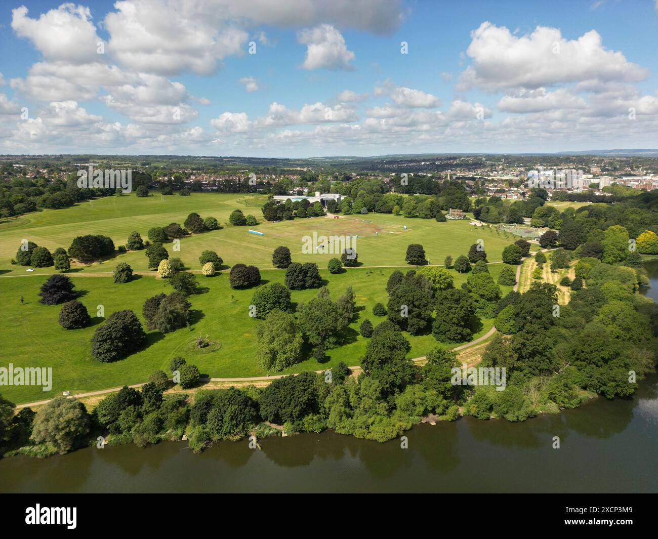 Maidstone, Kent, UK. Drone view above Mote Park looking West over the ...