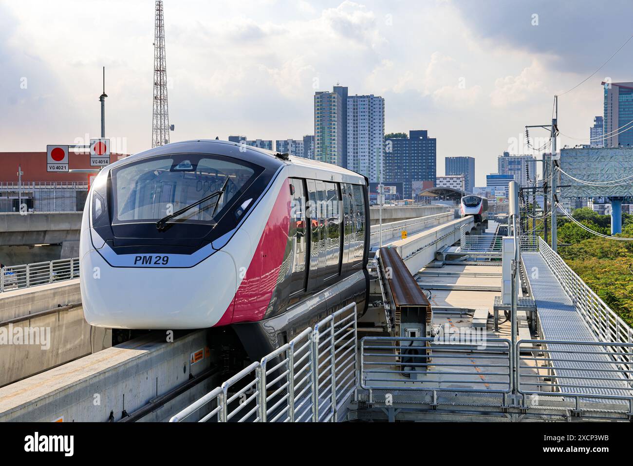 The pink monorail Mass Transit System serving in the Metropolitan ...