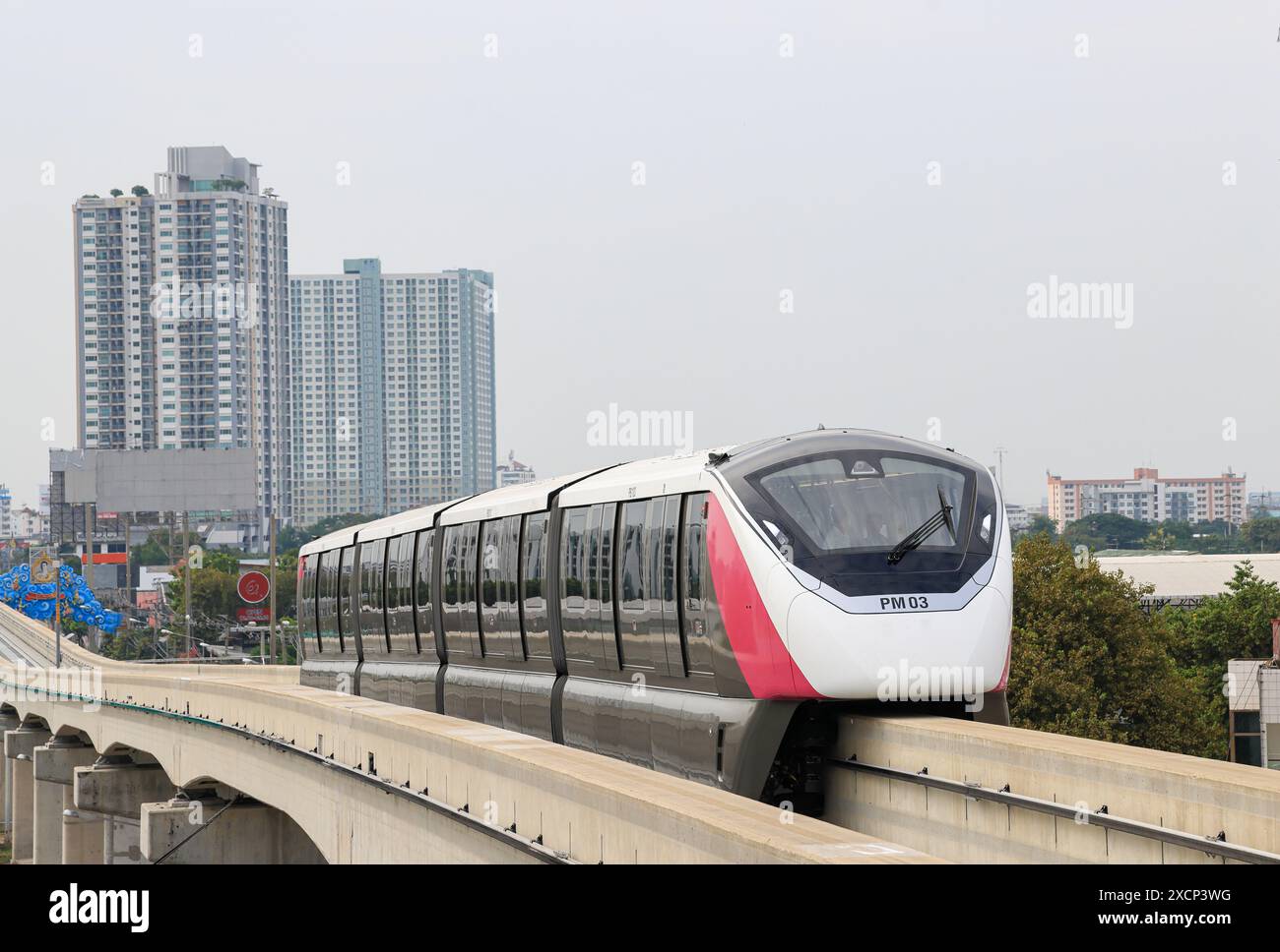 The pink monorail Mass Transit System serving in the Metropolitan ...