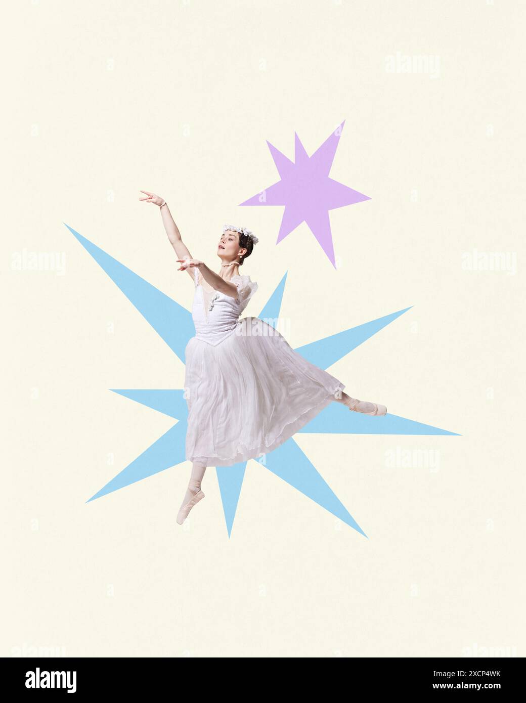 Contemporary art collage. Artistic ballerina dancer, elegantly moves in ...