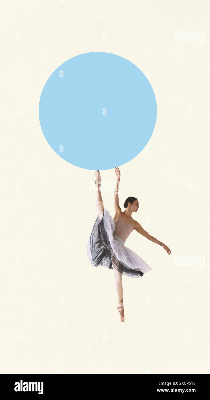 Contemporary art collage. Young graceful ballerina dancer balancing ...