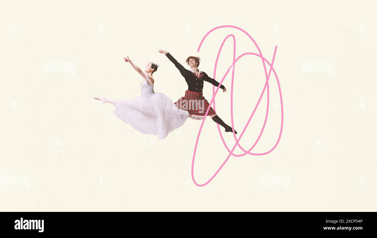 Contemporary art collage. Couple ballet dancers dancing, leaping in motion against background ...