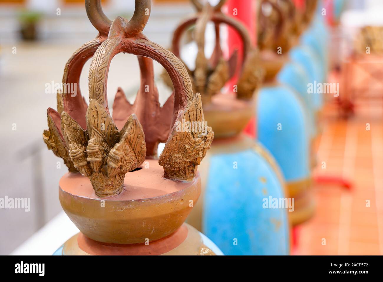 Row of multi color Bells image of the Thai ancient temple close up ...