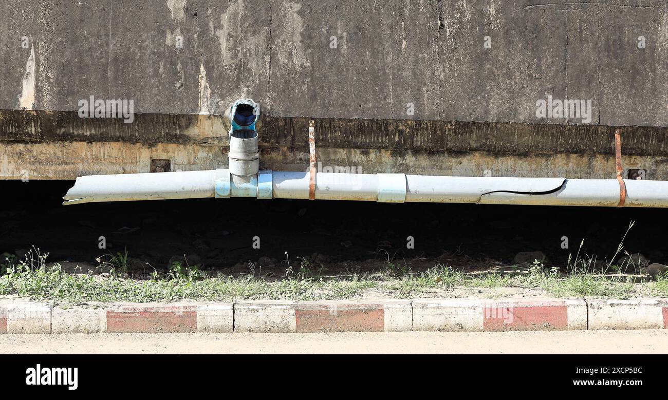 Fragments of old large Wastewater PVC pipe. After many years of ...