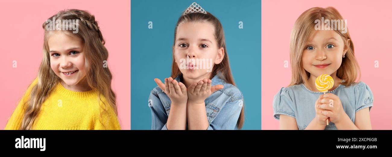 Adorable children on different color backgrounds. Collage of photos ...
