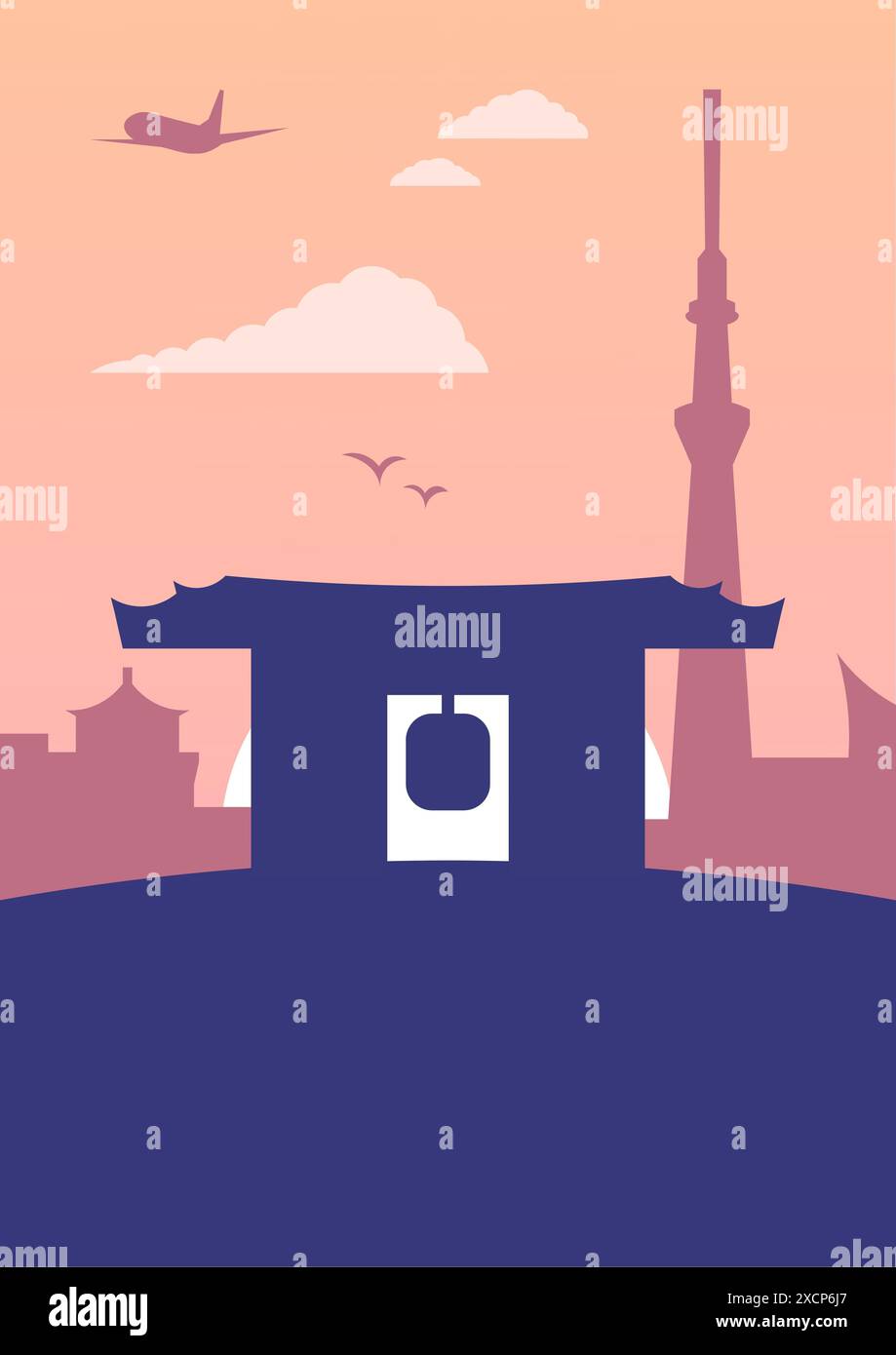 Japanese monument with sunset on the background illustration Stock ...