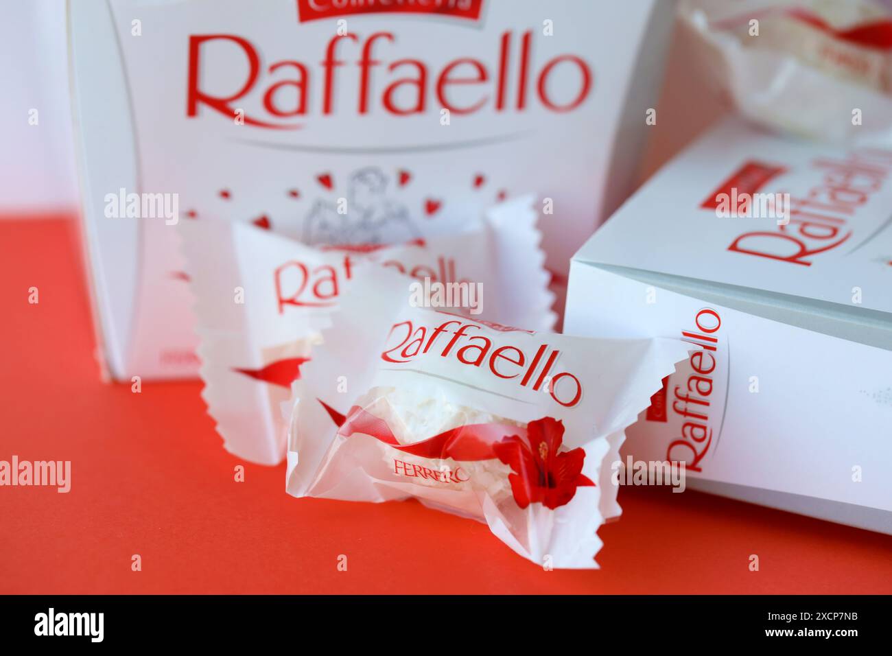 KYIV, UKRAINE - APRIL 20, 2024 Ferrero Raffaello premium sweets ...