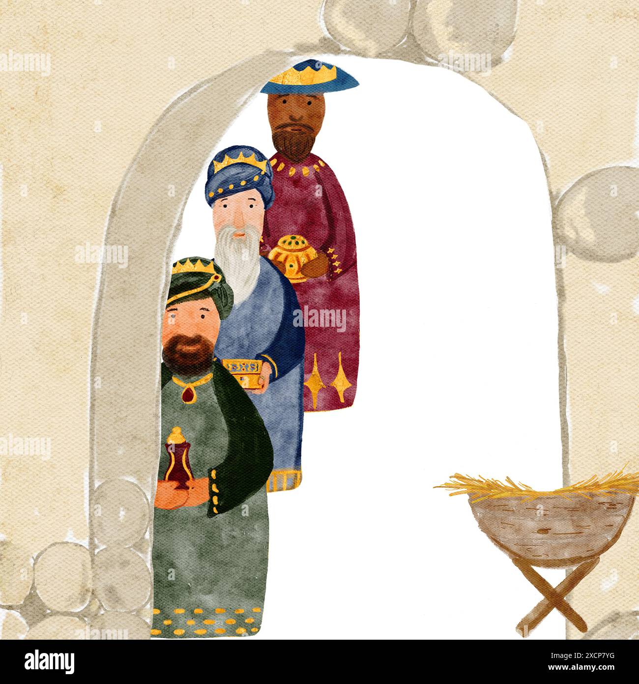 Wise men manger Christmas frame hand painted digital watercolor. High ...