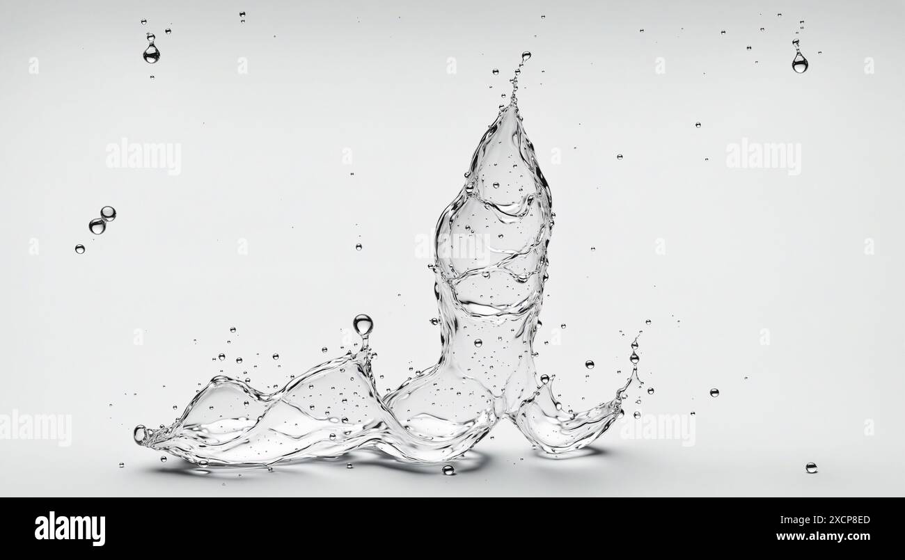 Water droplets frozen in mid-air, splash patterns against white ...