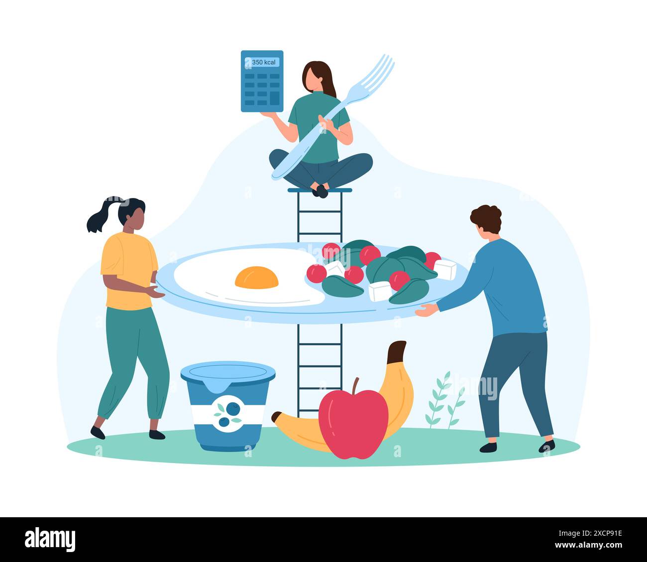 Counting and monitoring calories in breakfast food. Tiny people holding ...