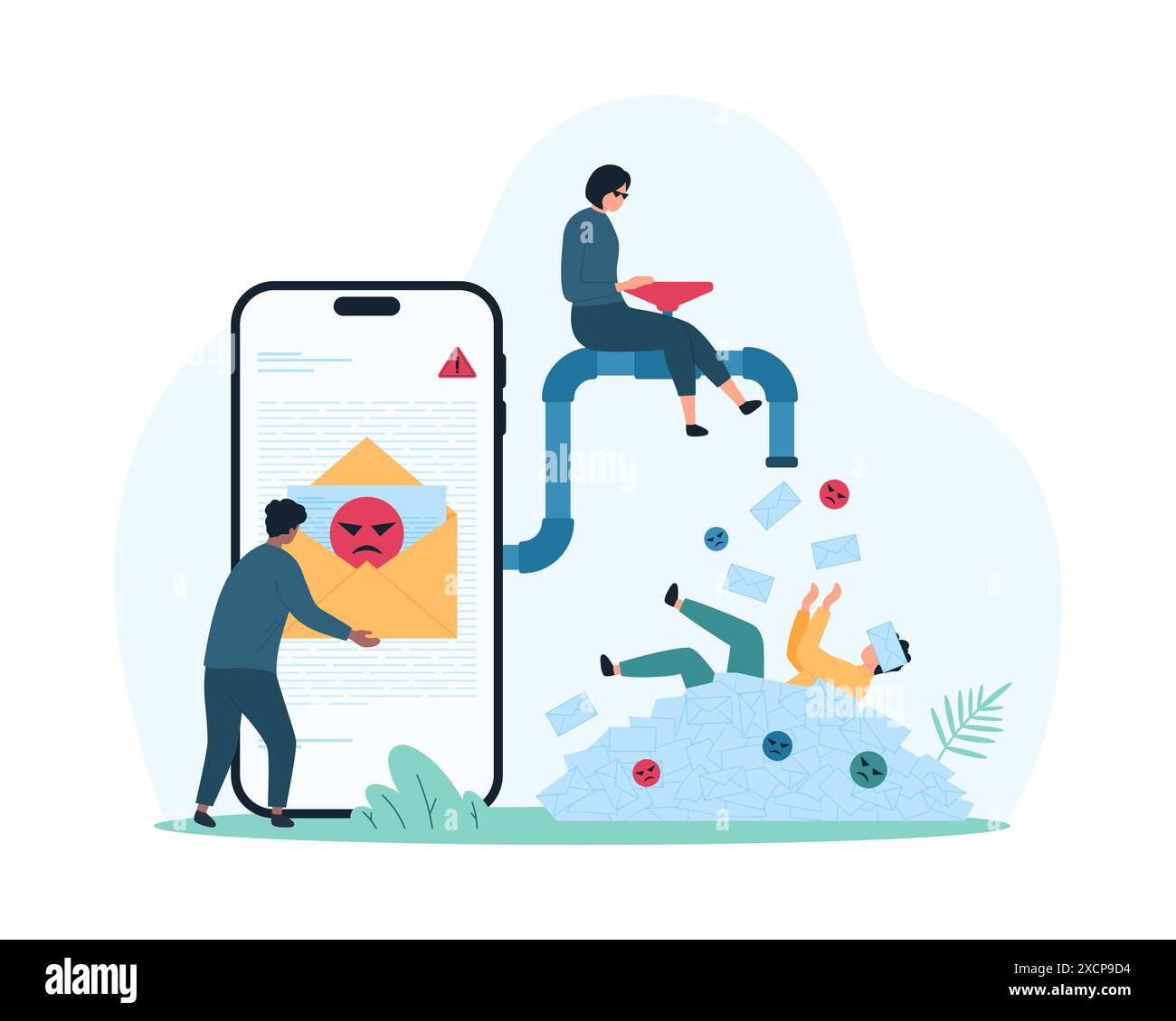 Spam notifications and messages overload in inbox mobile app. Tiny user drowning in pile of spam ...