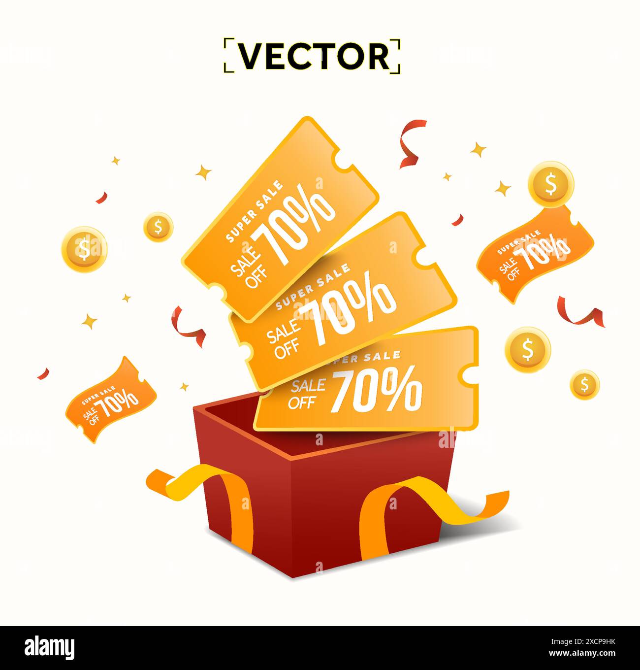 3d golden coupons with percentage off flying out of gift box with ...