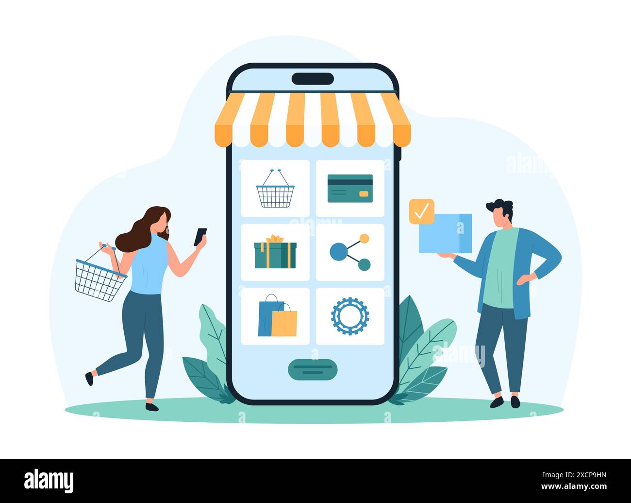 Online shopping with mobile app. Tiny people choose gifts in category ...