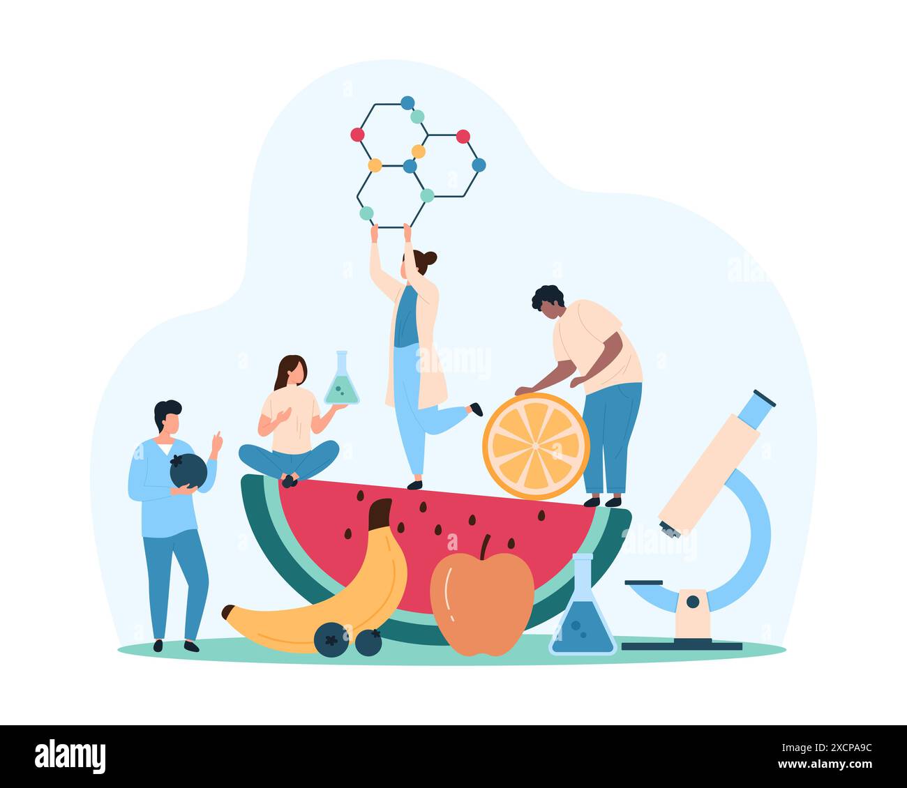 Food quality test, analysis in scientific laboratory. Tiny people ...