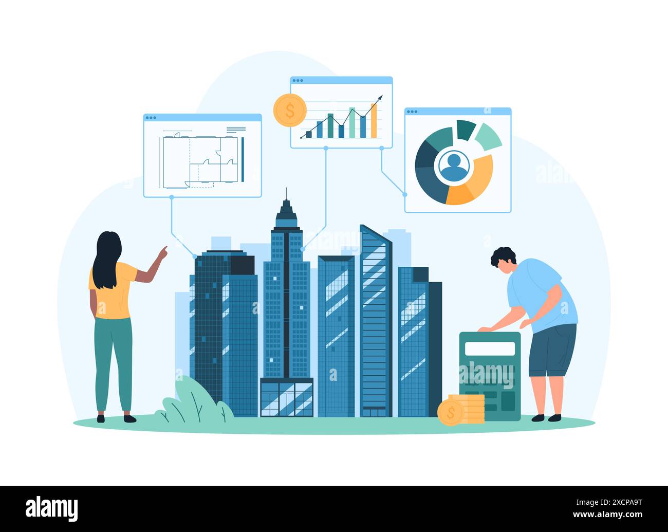 Investment to real estate, mortgage. Tiny people at buildings models of ...