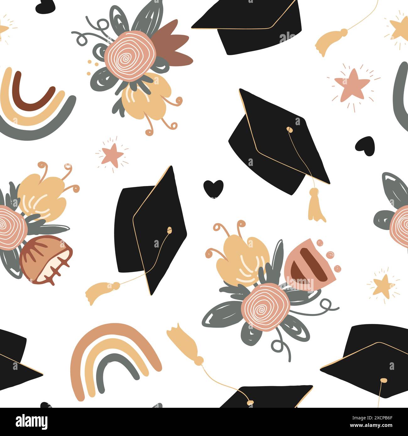 Cute graduation caps, rainbows, and flower bouquets seamless pattern ...
