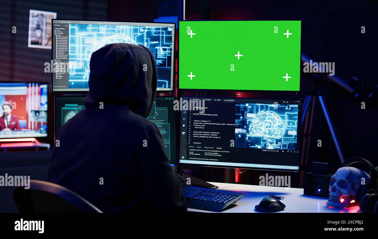 Hacker Using Ai Machine Learning And Isolated Screen Computer To Produce Malware Corrupting Data