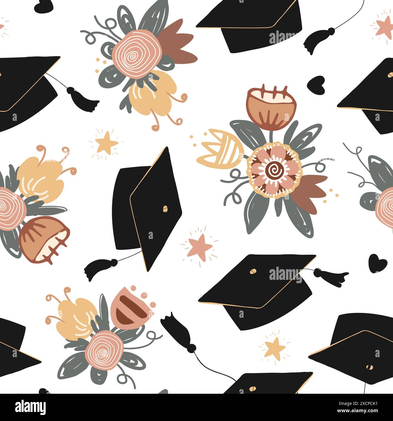 Cute graduation caps, stars, and flower bouquets seamless pattern ...
