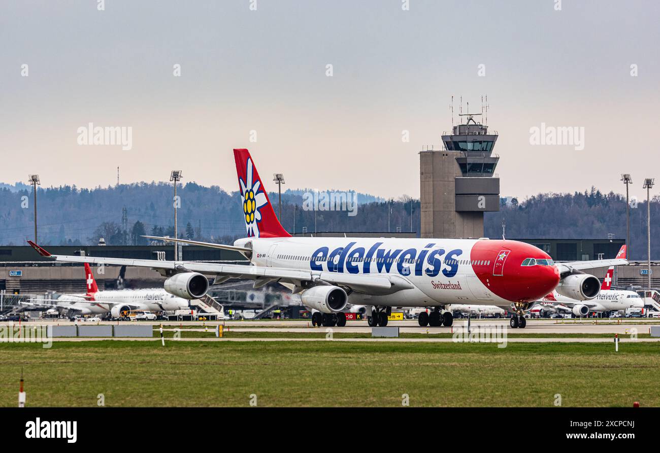An Edelweiss Air Airbus A340-313X taxis to the runway at Zurich Airport ...