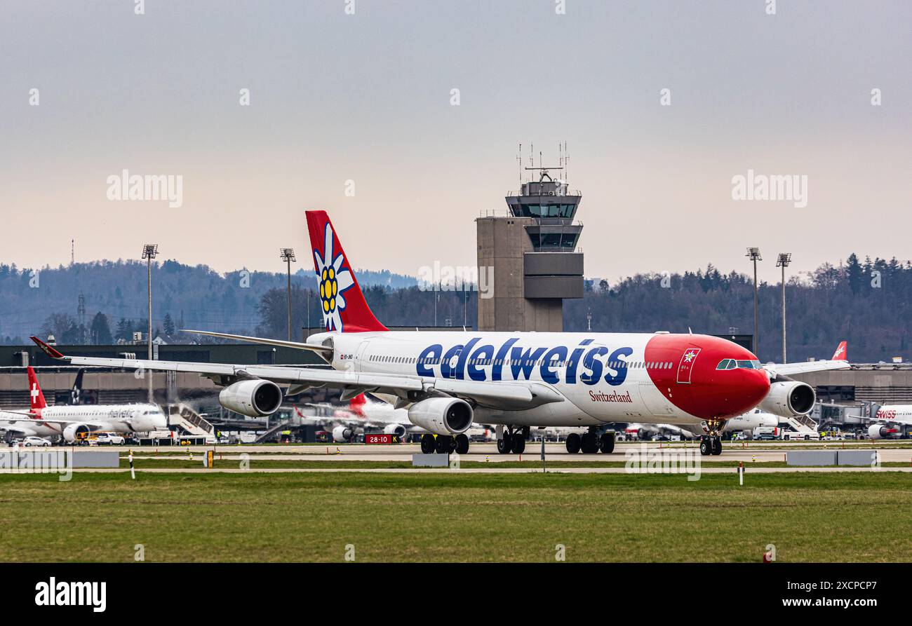 An Edelweiss Air Airbus A340-313X taxis to the runway at Zurich Airport ...