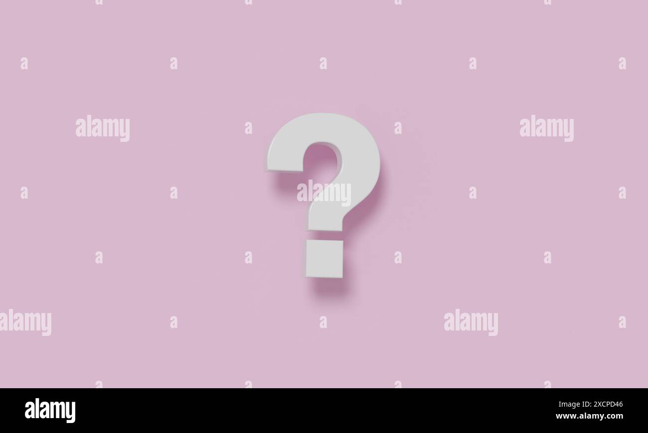 Minimalistic image featuring a white question mark on a pink background ...