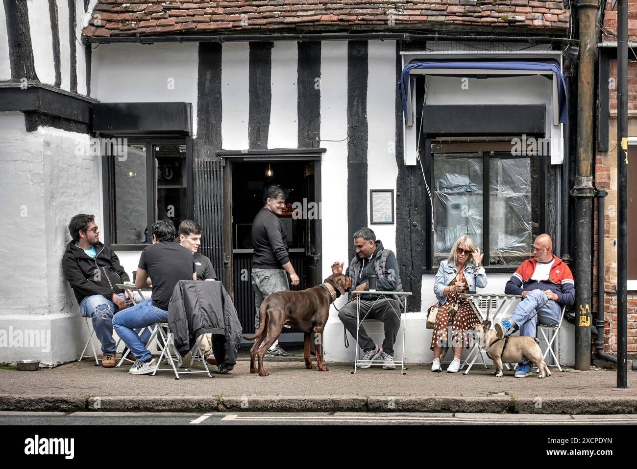 Pavement cafe with people and pet dogs outside. Stratford upon Avon ...