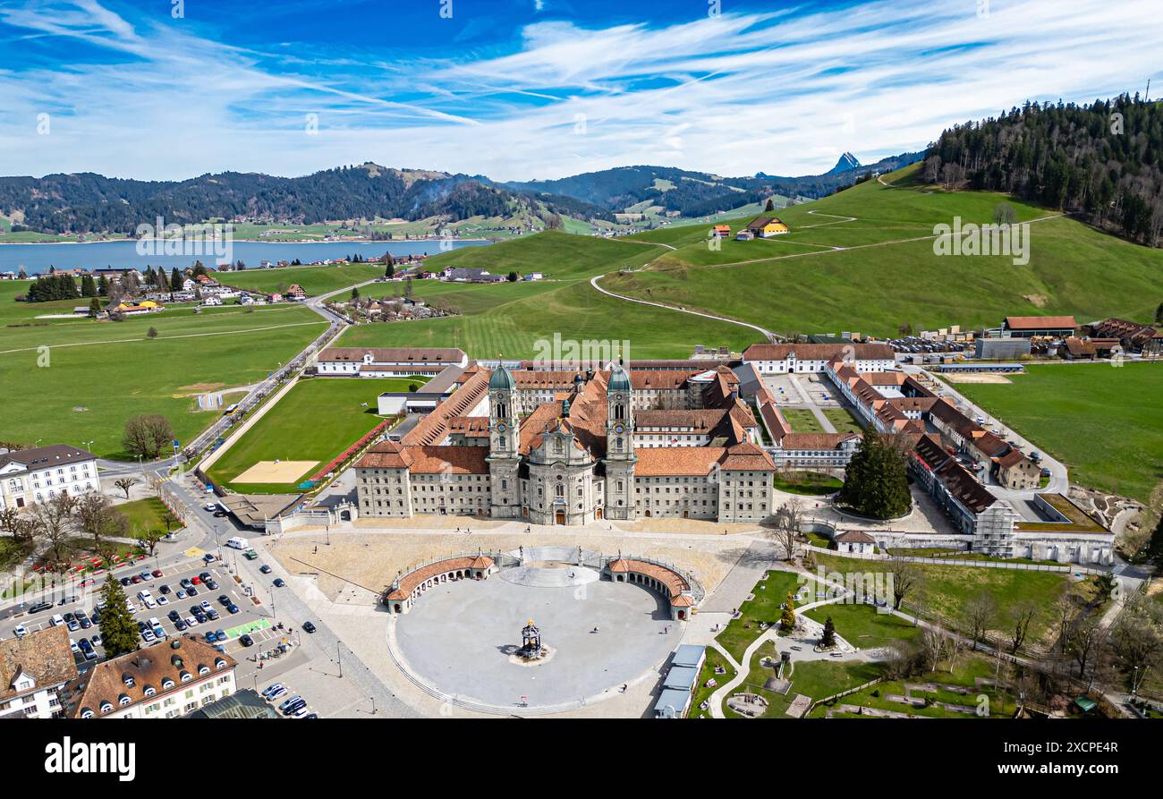 Einsiedeln, Switzerland, 17th Mar 2024: Bird's-eye view of Einsiedeln Monastery. Behind it is ...